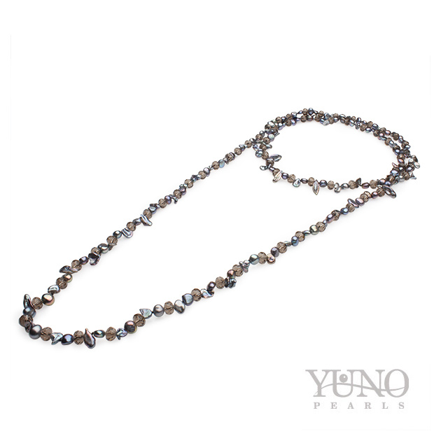 Colier perle negre și cristale, 5-6 mm, lungime 126 cm - YUNO Pearls
